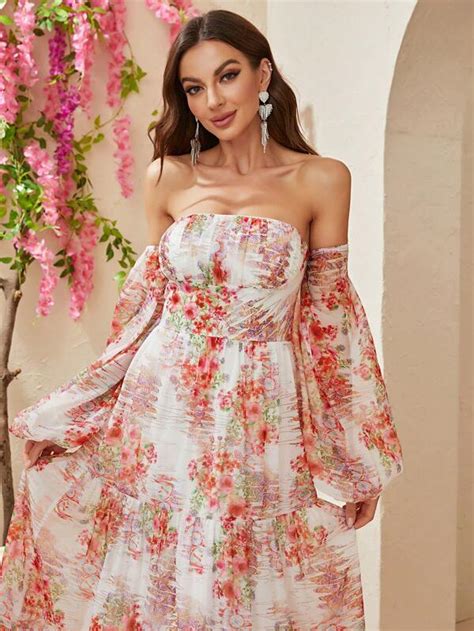 Fniseti Floral Print Off Shoulder Lantern Sleeve Ruffle Hem Chiffon