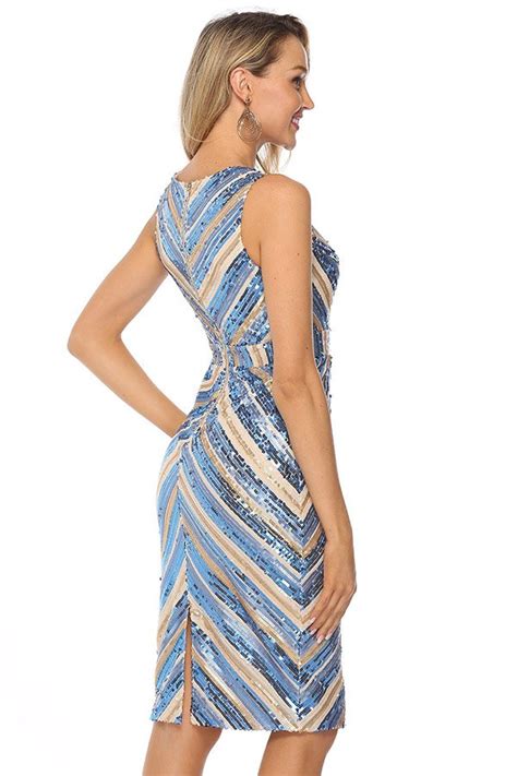 Striped Sequin Dress With V Neck And Sleeveless Design