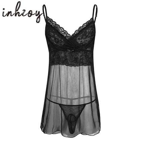 Mens Sissy Lingerie Sheer Mesh Floral Lace Crossdress Mini Dress