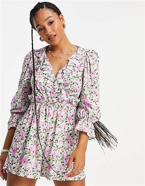 Miss Selfridge Frill Wrap Romper In Lilac Ditsy Asos