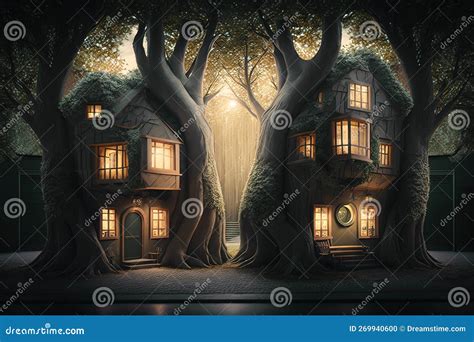 Fantasy Houses In Magic Forest At Night Fairy Tale Habitation In