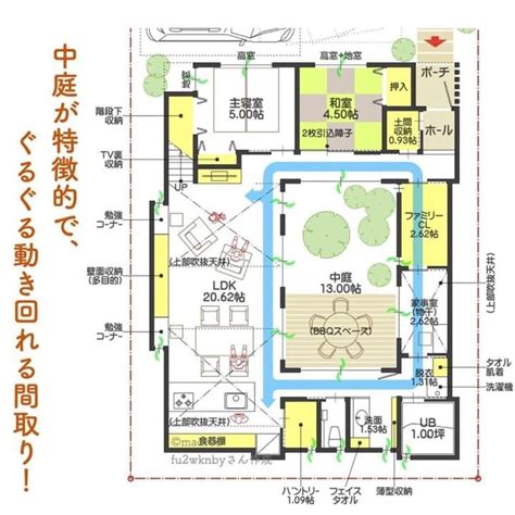 中庭が特徴的で、ぐるぐる動き回れる間取り！ Folk 間取り 中庭のある家 平屋 フロアプラン