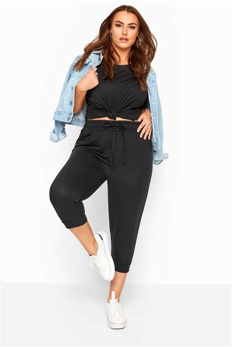 Black Drawstring Waist Cropped Joggers Yours Clothing