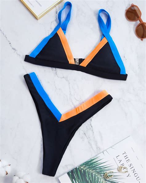 Emmiol Free Shipping 2023 Color Block High Cut Triangle Bikini Set Navy