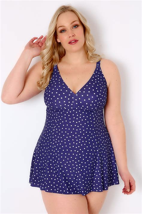 Tummy Control Blue And White Polka Dot Swimdress Plus Size 16 To 32