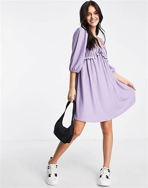 Miss Selfridge Frill Detail Textured Smock Dress In Lilac Asos