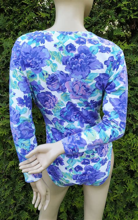 Bright Vintage Bodysuit Floral Body With Long Sleeves Etsy
