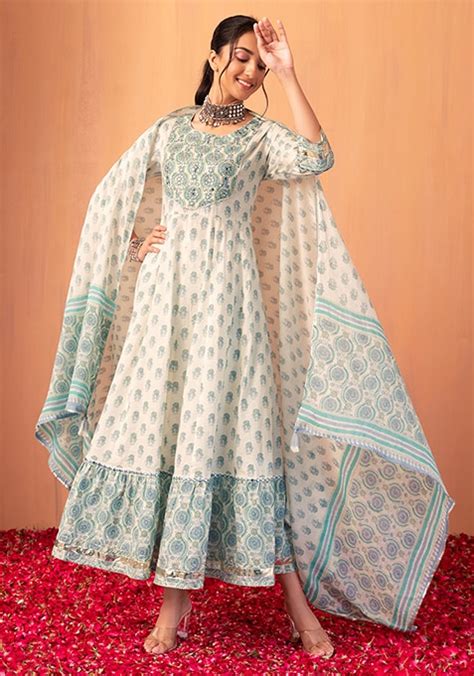 Buy Women Ivory Floral Print Embroidered Cotton Anarkali Kurta With