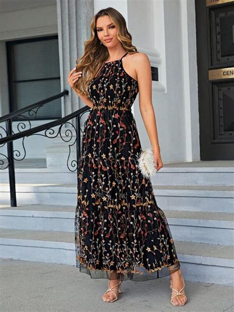 Simplee Floral Embroidery Mesh Overlay Dress Shein Usa