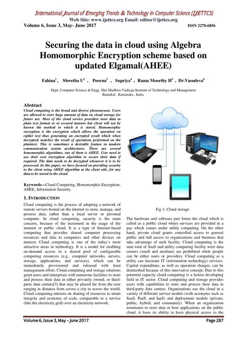 pdf securing the data in cloud using algebra homomorphic encryption