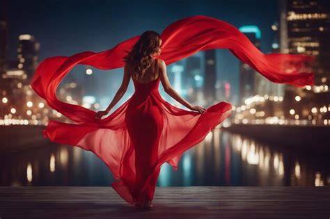 Premium Ai Image Fashion Woman In Red Fluttering Dress Back Side Rear