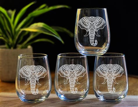 Mandala Elephant Wine Glass Set Of 4 Elephant Whiskey Glass Etsy