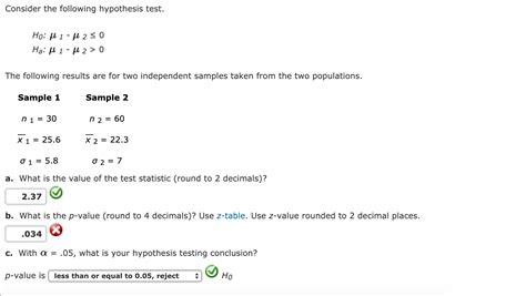Solved Consider The Following Hypothesis Test Ho 1 2 S 0