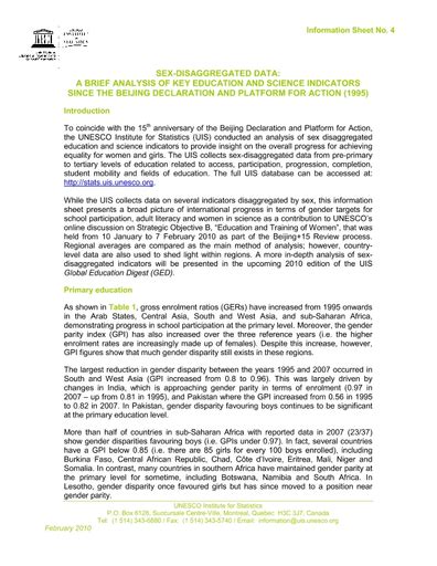 Sex Disaggregated Data A Brief Analysis Of Key Education And Science
