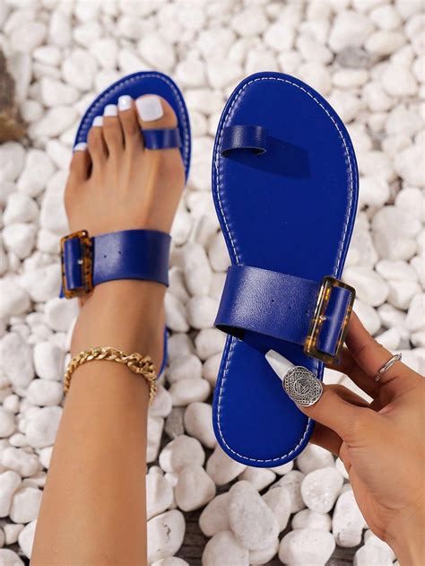 Women Buckle Decor Toe Ring Design Flat Sandals Fashion Blue Thong