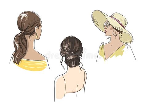 Set Of Different Female Hairstyles Vector Black And White Sketch Stock