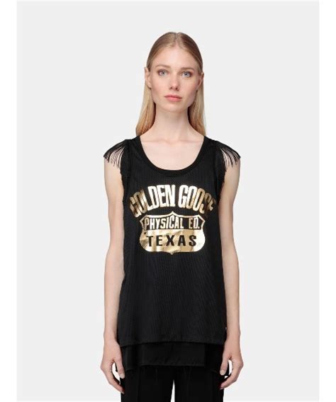 Golden Goose Sleeveless Shirt Black With Fringe And Texas Gold Print（tシャツ