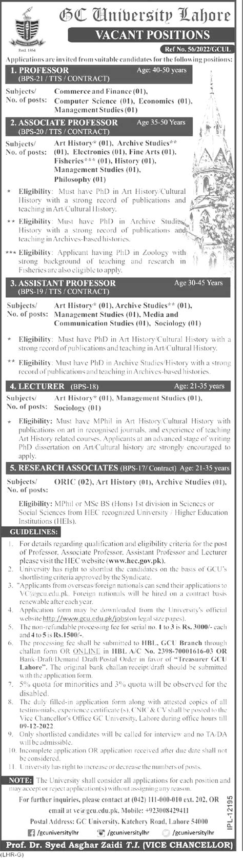 Gc University Lahore Jobs 2022 Download Employment Form