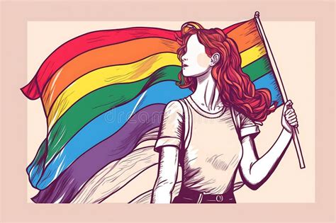 Line Art Of Woman With Rainbow Flag To Support Lgbtqia Community Stock