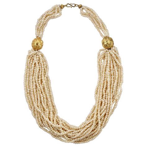 Cultured Freshwater Pearl Diamond Multi Strand Gold Necklace For Sale