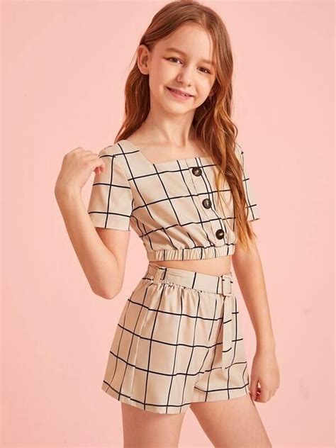 Girls Button Detail Grid Top And Buckle Belted Shorts Set In 2021