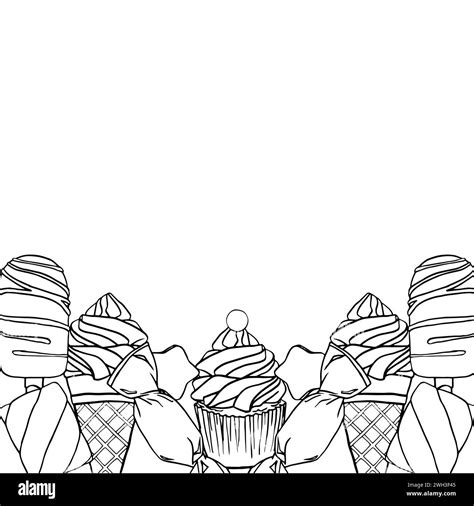 Border Sketch Illustration Of A Sweet Candies Muffin Ice Creams