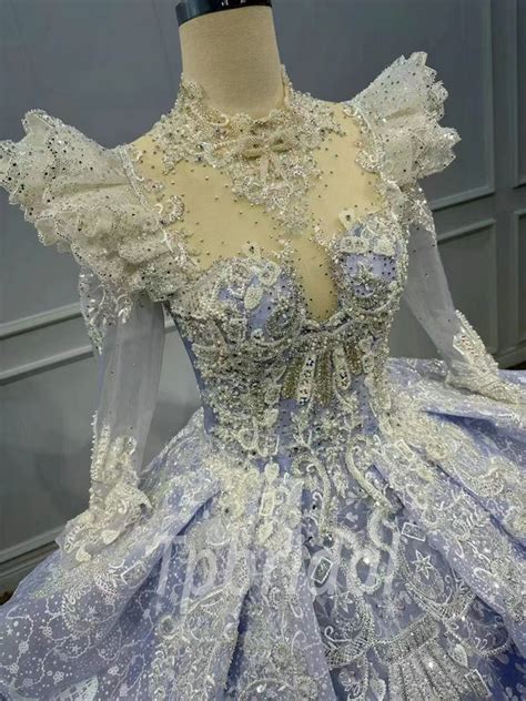 Purple Lace Wedding Dress High Neck Long Sleeve Prom Dress