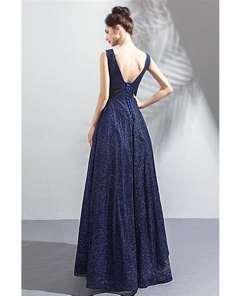 Classy Formal Navy Blue Sparkly Long Prom Dress V Neck Wholesale
