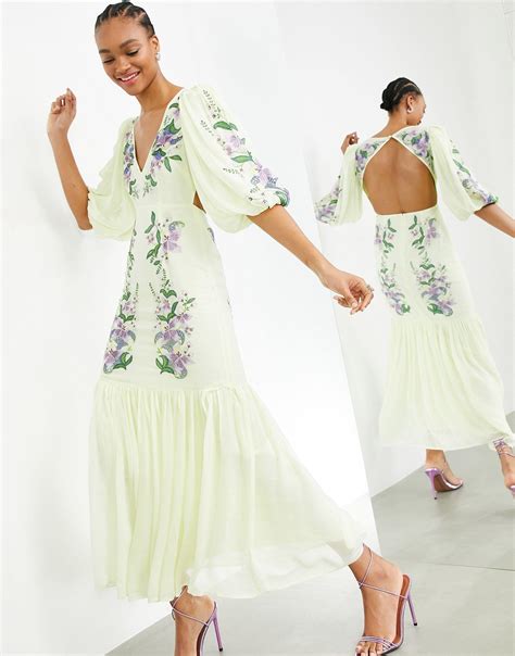 Asos Floral Embroidered Tiered Maxi Dress In Yellow Lyst