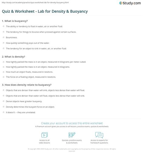 quiz and worksheet lab for density and buoyancy
