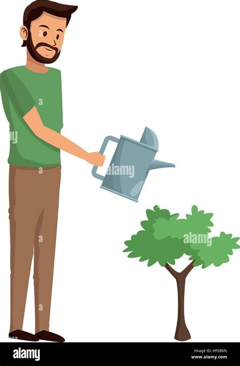 Gardener Man Holding A Watering Can Over White Background Colorful