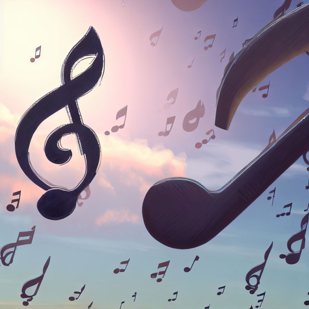 Create an image of a beautiful arrangement of bass clef notes floating in the sky.