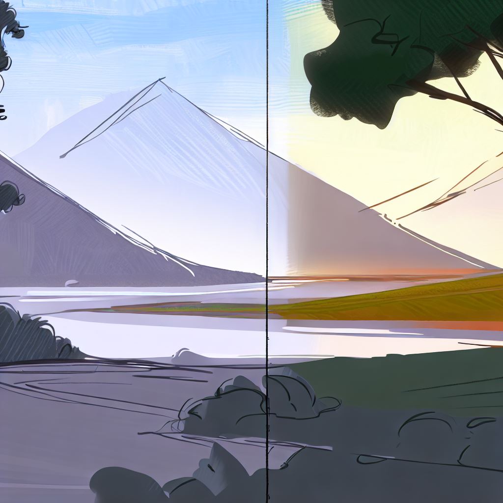 Draw a landscape scene with two complementary angles in the foreground. Image 2 of 4
