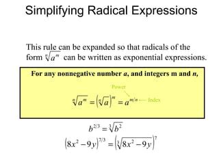 Simplifying radical expressions, rational exponents, radical equations ...
