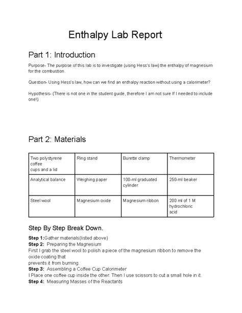 Image result for Final Lab Report Example Enthalpy