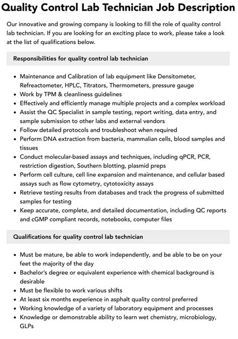 Quality Control Lab Technician Job Description | Velvet Jobs