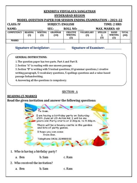 Image result for Class 4th English Sample Paper