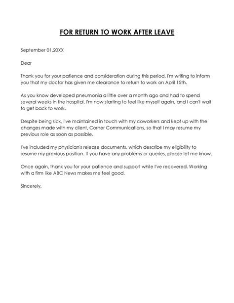 Image result for Return to Work Cover Letter Examples