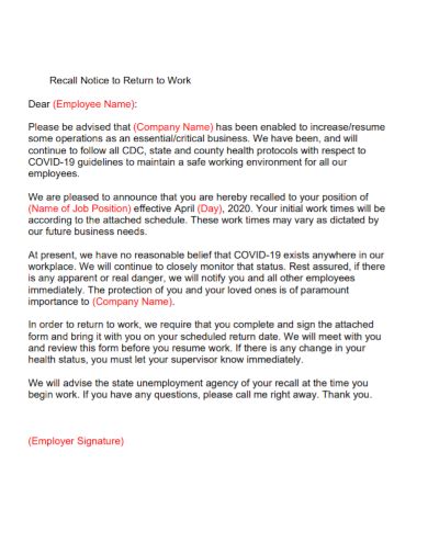 Image result for Return to Work Notice Sample