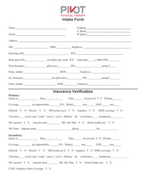 Image result for Physical Therapy Insurance Verification Form