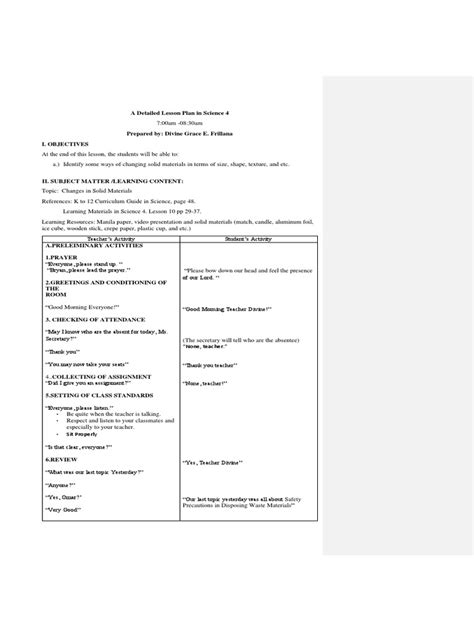 Image result for Lesson Plan Example Science 4th Class