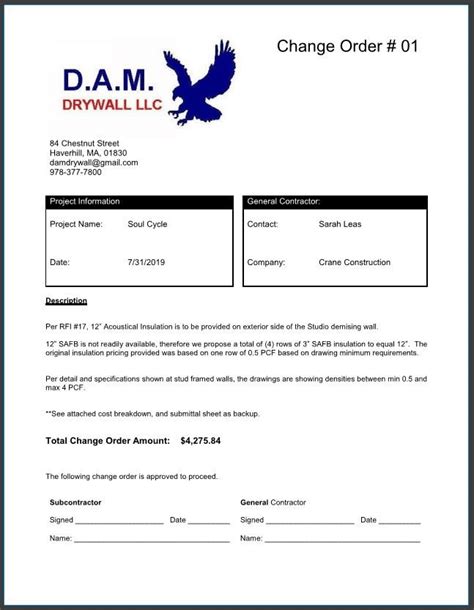 Image result for Change Order Example Construction