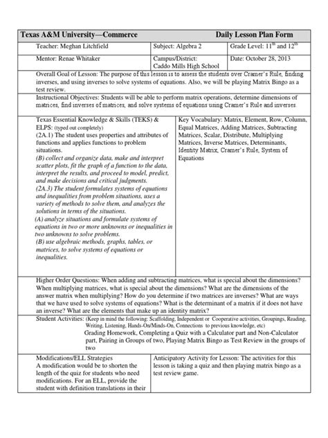 Image result for Matrix Lesson Plan Example