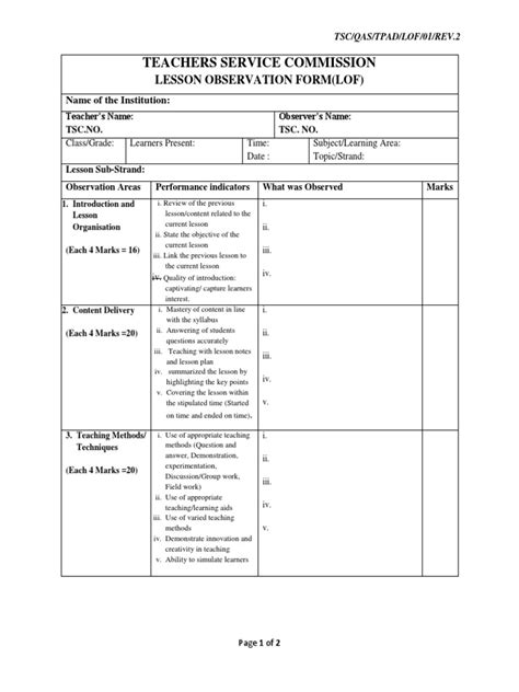 Image result for TSC Lesson Observation Form PDF