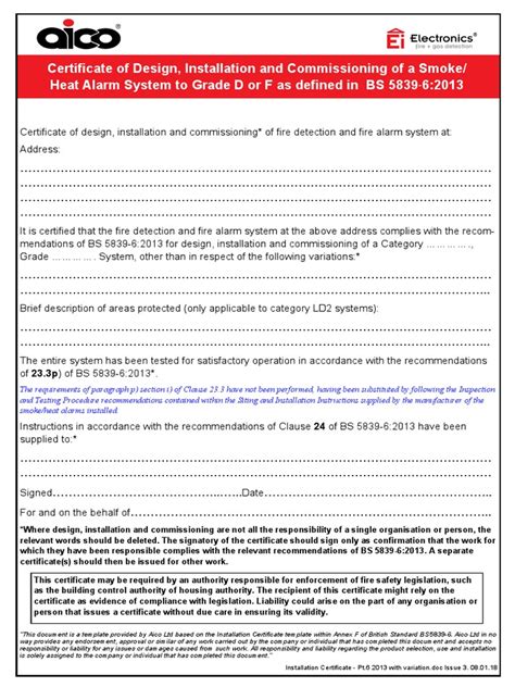 Certificate of Design, Installation and Commissioning of a Smoke/Heat ...