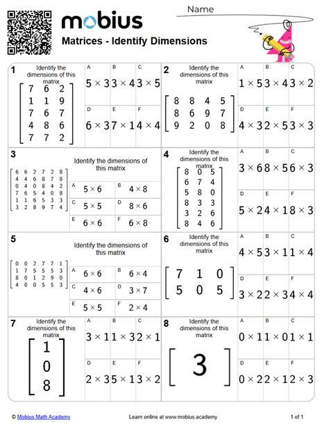 Free Printable Math Worksheet: Matrices - Identify Dimensions (level 1 ...