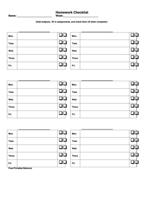 Homework Checklist Template printable pdf download
