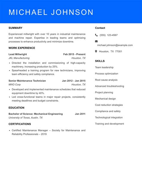 Image result for Millwright Resume Sample