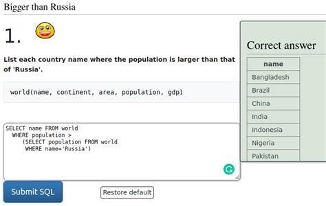 Image result for Nested Select Quiz SQL Zoo