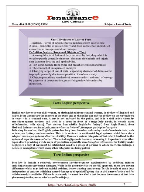 1.2.tort Law Notes | PDF | Vicarious Liability | Tort